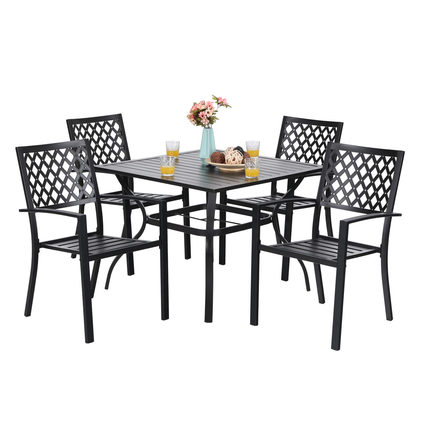 PHI VILLA Patio Dining Set 5 Piece Wrought Iron Metal Outdoor Table and Chairs Set, 37" Square Patio Table and 4 Stackable Chairs Support 300LBS for Deck, Lawn, Garden