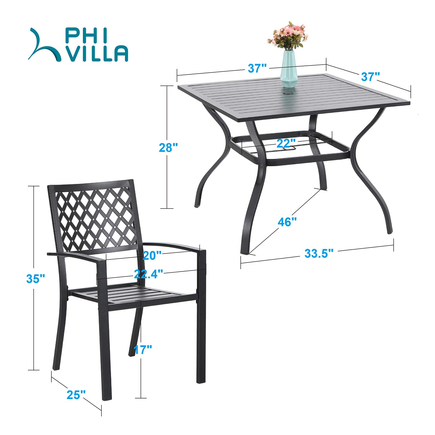 PHI VILLA Patio Dining Set 5 Piece Wrought Iron Metal Outdoor Table and Chairs Set, 37" Square Patio Table and 4 Stackable Chairs Support 300LBS for Deck, Lawn, Garden