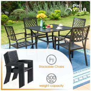 PHI VILLA Patio Dining Set 5 Piece Wrought Iron Metal Outdoor Table and Chairs Set, 37" Square Patio Table and 4 Stackable Chairs Support 300LBS for Deck, Lawn, Garden