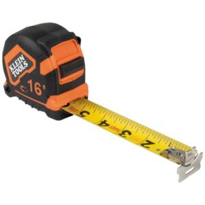 klein tools 9216 tape measure, heavy-duty measuring tape with 16-foot double-hook double-sided nylon reinforced blade, with metal belt clip