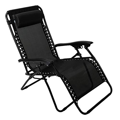 Pacific Pass Folding Zero Gravity Reclining Chair w/ Built-In Headrest - Durable Construction -Middle- Black