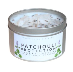 empath protection 8 oz. candle, patchouli with lavender and clear quartz crystals