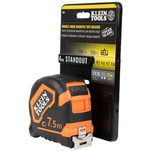 Klein Tools 9375 Tape Measure, Heavy-Duty Measuring Tape with 7.5 m Metric Double-Hook Double-Sided Nylon Reinforced Blade, Metal Belt Clip