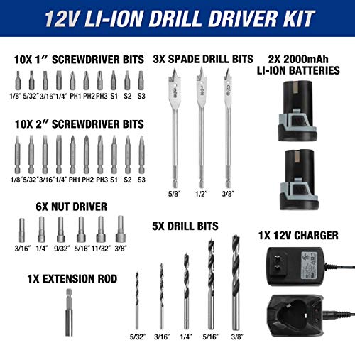 WORKPRO 12V Cordless Drill Driver Kit, 2-Speed, 2 Li-Ion Batteries 2000 mAh, Fast Charger, 3/8'' Clutch, 18+3 Torque Setting, 34 pcs Drill/Driver Bits Included