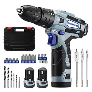 workpro 12v cordless drill driver kit, 2-speed, 2 li-ion batteries 2000 mah, fast charger, 3/8'' clutch, 18+3 torque setting, 34 pcs drill/driver bits included