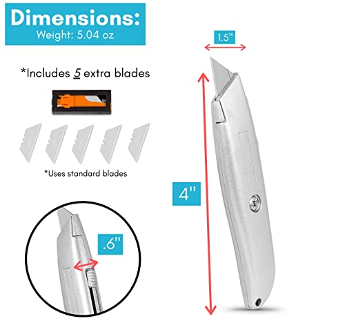 Internet's Best Classic Utility Knife - Set of 10 - Retractable Razor Knife Set - Extra Blade Refills - Box Cutter Locking Razor Knife - Full Metal Body - Silver