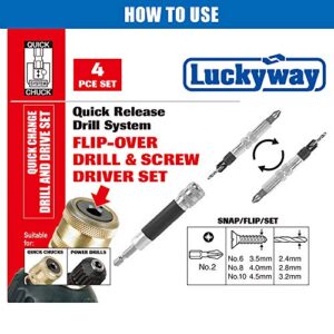 Luckyway 4-Piece Quick Change Drill and Drive Set Including 1pc 15/64 inch(#6), 1pc 5/16 inch(#8), 1pc 3/8 inch(#10) Wood Countersink Drill Bit and 1pc Quick Change Drill Flip Drive Unit