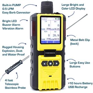 4 Gas Monitor by Forensics | Built-in Pump Multi Gas Meter | O2, CO, H2S, LEL | Color Display & Graphing | USA NIST Calibration | Computer Data Logging |