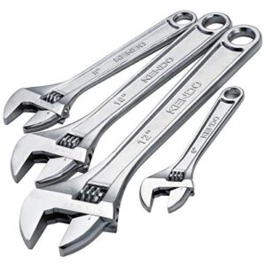 kendo 4pcs heavy duty adjustable wrench set - 6", 8", 10" & 12" wrench - drop forged heat treated chrome vanadium steel - roll-up storage pouch included