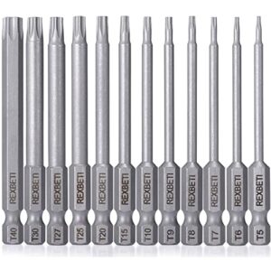 rexbeti 12 piece torx head screwdriver bit set, 1/4 inch hex shank s2 steel magnetic 3 inch long drill bits, t5-t40 (torx head)