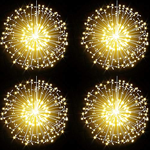 Starburst String Lights Christmas Lights,198 LED 8 Modes Dimmable with Remote Control, Waterproof Copper Wire Decorative Hanging Starburst Lights for Party Patio Garden Decoration (Warm White, 4PC)