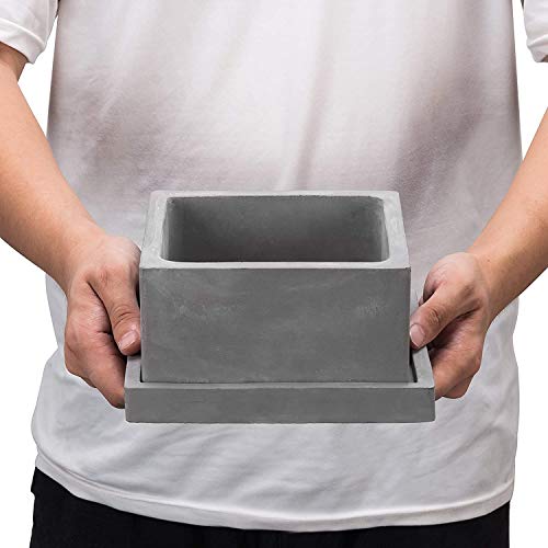 MyGift Modern Gray Concrete Square Planter - Succulent Plant Pot with Bottom Drainage Hole and Removable Drip Tray Saucer