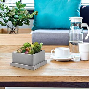 MyGift Modern Gray Concrete Square Planter - Succulent Plant Pot with Bottom Drainage Hole and Removable Drip Tray Saucer