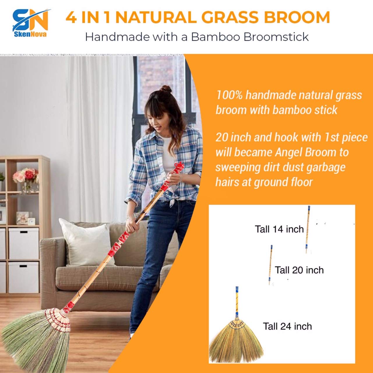 4 in 1 Natural Grass Broom Set by SN SKENNOVA -Traditional Sweeping Broom Thai Handmade Broom Handmade Kitchen Broom Asian Broom (24" 34" 44" 58")