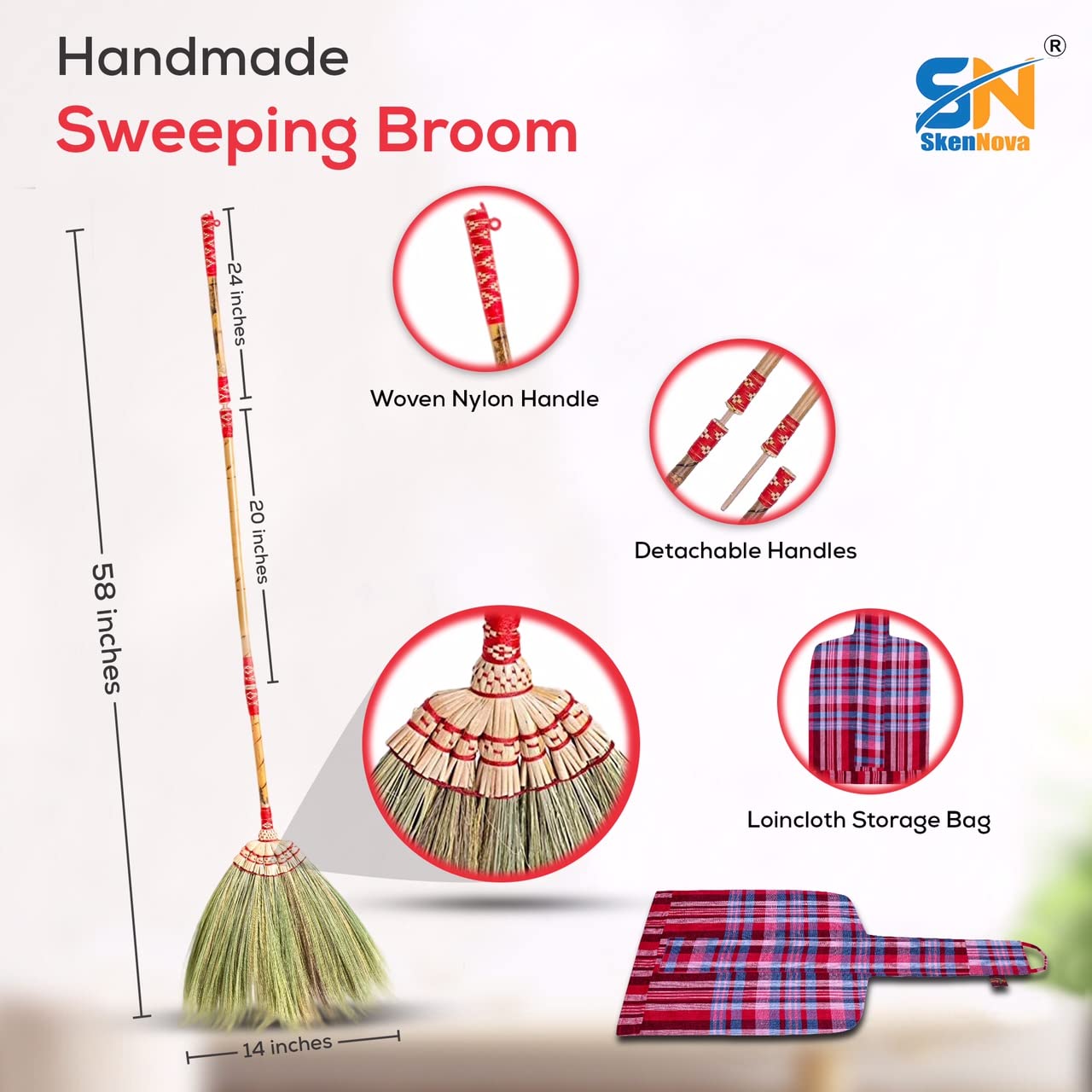 4 in 1 Natural Grass Broom Set by SN SKENNOVA -Traditional Sweeping Broom Thai Handmade Broom Handmade Kitchen Broom Asian Broom (24" 34" 44" 58")