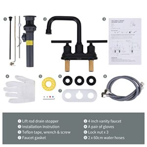 WOWOW Bathroom Faucet Black 4 inch Bathroom Sink Faucet Centerset Lift Rod Drain Stopper 2 Handle Lavatory Commercial Contemporary Faucet High Arc Brass Faucets for Bathroom