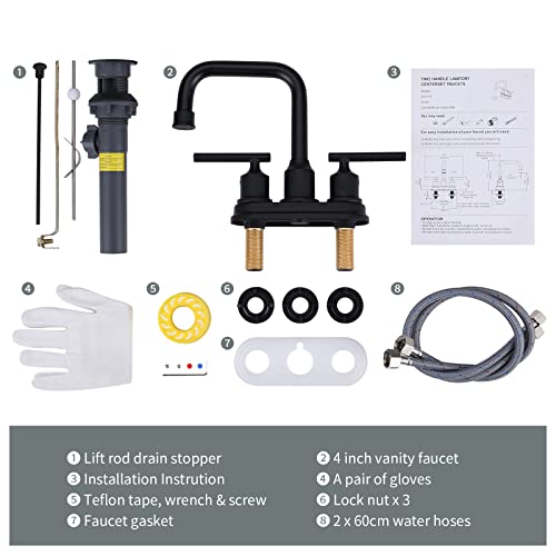 WOWOW Bathroom Faucet Black 4 inch Bathroom Sink Faucet Centerset Lift Rod Drain Stopper 2 Handle Lavatory Commercial Contemporary Faucet High Arc Brass Faucets for Bathroom