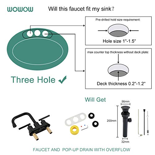 WOWOW Bathroom Faucet Black 4 inch Bathroom Sink Faucet Centerset Lift Rod Drain Stopper 2 Handle Lavatory Commercial Contemporary Faucet High Arc Brass Faucets for Bathroom