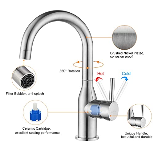 WOWOW Single Handle Bar Sink Faucet 1 Hole Bar Faucet Brushed Nickel Small Kitchen Faucet Modern Commercial Faucet for Sinks RV Sink Faucet with Water Supply Lines