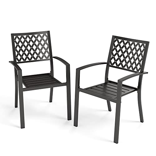 PHI VILLA Stackable Metal Outdoor Patio Chairs, Black Patio Outdoor Dining Chairs with Armrest, Portable Wrought Iron Bistro Chairs for Kitchen, Garden, Yard, Set of 2, Support 300 lbs