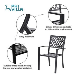 PHI VILLA Stackable Metal Outdoor Patio Chairs, Black Patio Outdoor Dining Chairs with Armrest, Portable Wrought Iron Bistro Chairs for Kitchen, Garden, Yard, Set of 2, Support 300 lbs