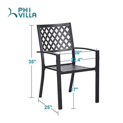 PHI VILLA Stackable Metal Outdoor Patio Chairs, Black Patio Outdoor Dining Chairs with Armrest, Portable Wrought Iron Bistro Chairs for Kitchen, Garden, Yard, Set of 2, Support 300 lbs