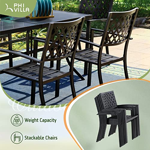 PHI VILLA Stackable Metal Outdoor Patio Chairs, Black Patio Outdoor Dining Chairs with Armrest, Portable Wrought Iron Bistro Chairs for Kitchen, Garden, Yard, Set of 2, Support 300 lbs