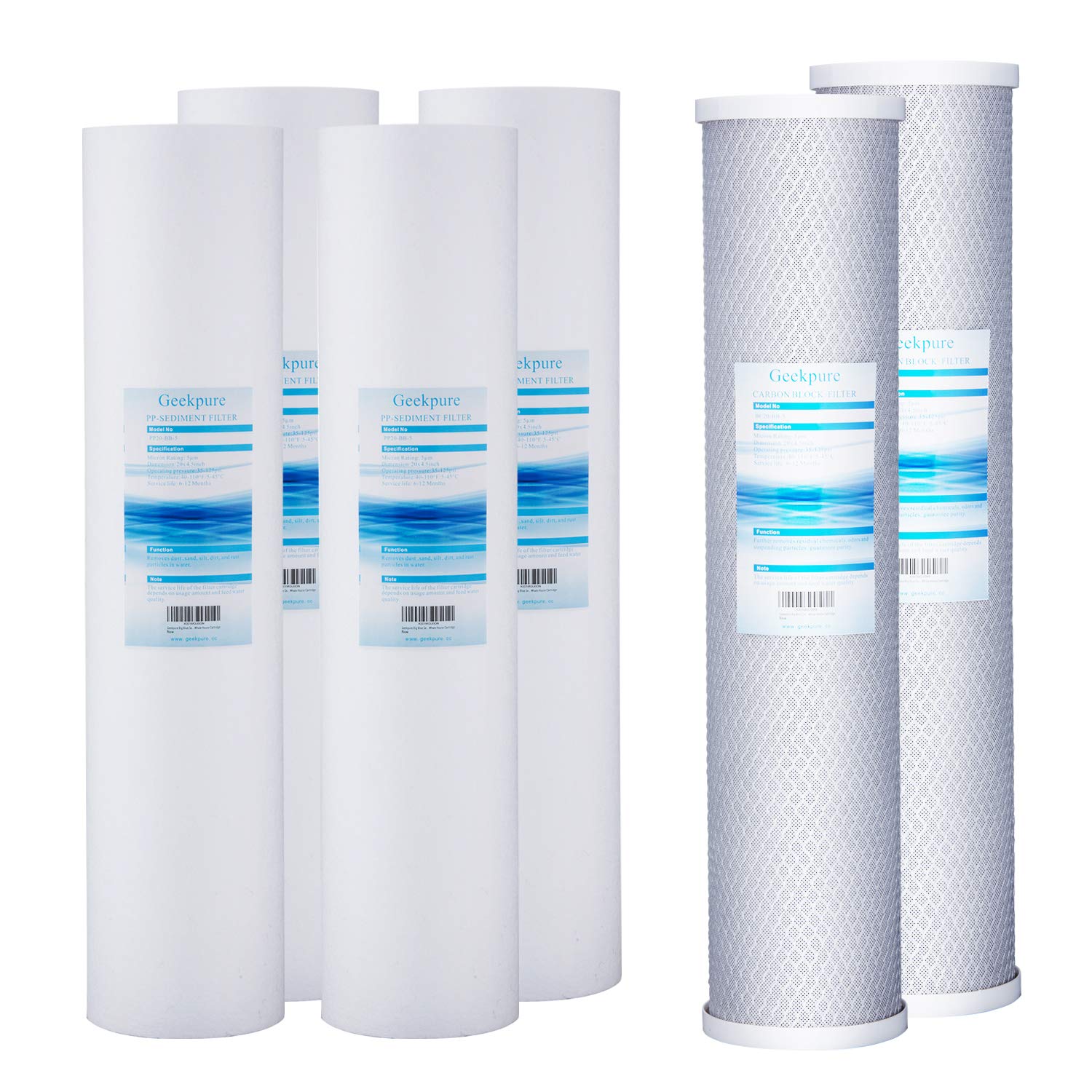 Geekpure 20-Inch Whole House Replacement Water Filter Cartridges PP Sediment and Block Carbon Filters-4.5 Inch x 20 Inch -5 Micron (Pack of 6)