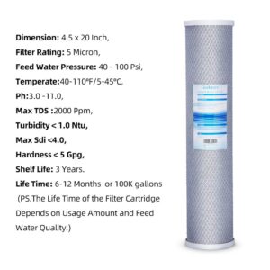 Geekpure 20-Inch Whole House Replacement Water Filter Cartridges PP Sediment and Block Carbon Filters-4.5 Inch x 20 Inch -5 Micron (Pack of 6)