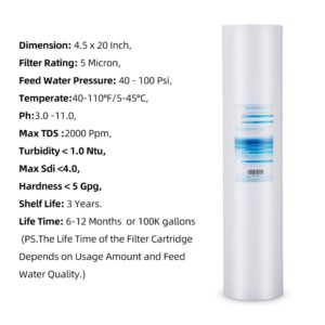 Geekpure 20-Inch Whole House Replacement Water Filter Cartridges PP Sediment and Block Carbon Filters-4.5 Inch x 20 Inch -5 Micron (Pack of 6)