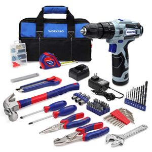 workpro 12v cordless drill and home tool kit, 177 pieces combo kit with 14-inch tool bag