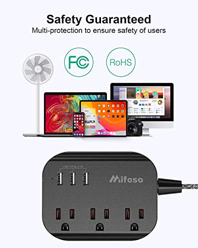 Power Strip with USB, Mountable Flat Plug Power Strip with 3 Outlets 3 USB Ports(Smart 3.1A), 5ft Braided Extension Cord, Compact for Cruise Ship, Travel, Home, Office