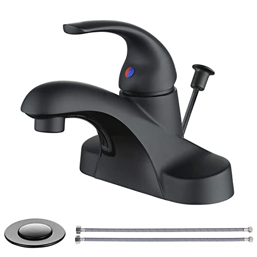 WOWOW Black Bathroom Faucet One Handle 4 inch Centerset Bathroom Faucets with Lift Rod Drain Assembly Sink Faucet Lavatory Faucet Matte Black Bathroom Faucets