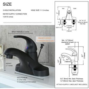 WOWOW Black Bathroom Faucet One Handle 4 inch Centerset Bathroom Faucets with Lift Rod Drain Assembly Sink Faucet Lavatory Faucet Matte Black Bathroom Faucets