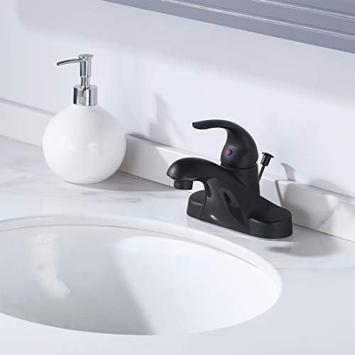 WOWOW Black Bathroom Faucet One Handle 4 inch Centerset Bathroom Faucets with Lift Rod Drain Assembly Sink Faucet Lavatory Faucet Matte Black Bathroom Faucets