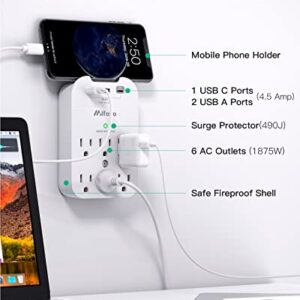 Outlet Extender - Wall Surge Protector with 6 Outlets 3 USB (1 USB C, 2 USB A), Multi Plug Outlet Splitter, Wall Mount Adapter with Top Phone Holder for Home, School, Office (490 Joules)