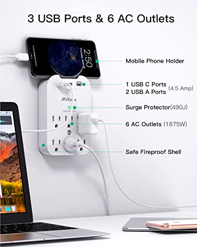 Outlet Extender - Wall Surge Protector with 6 Outlets 3 USB (1 USB C, 2 USB A), Multi Plug Outlet Splitter, Wall Mount Adapter with Top Phone Holder for Home, School, Office (490 Joules)