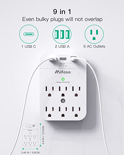 Outlet Extender - Wall Surge Protector with 6 Outlets 3 USB (1 USB C, 2 USB A), Multi Plug Outlet Splitter, Wall Mount Adapter with Top Phone Holder for Home, School, Office (490 Joules)