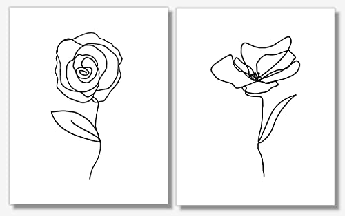 Black and White Wall Art - Flower Line Drawings - Botanical Prints - Abstract Pictures - Set of 4-11x14 - Unframed (11x14)