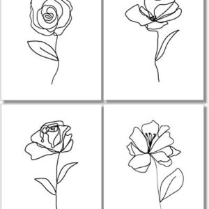 Black and White Wall Art - Flower Line Drawings - Botanical Prints - Abstract Pictures - Set of 4-11x14 - Unframed (11x14)