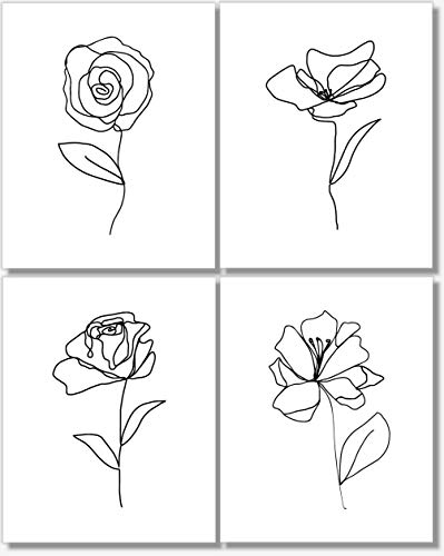 Black and White Wall Art - Flower Line Drawings - Botanical Prints - Abstract Pictures - Set of 4-11x14 - Unframed (11x14)