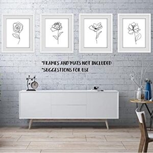 Black and White Wall Art - Flower Line Drawings - Botanical Prints - Abstract Pictures - Set of 4-11x14 - Unframed (11x14)