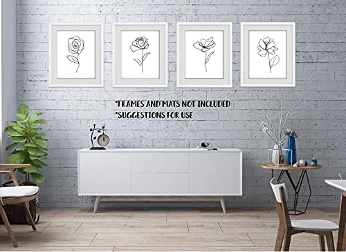 Black and White Wall Art - Flower Line Drawings - Botanical Prints - Abstract Pictures - Set of 4-11x14 - Unframed (11x14)