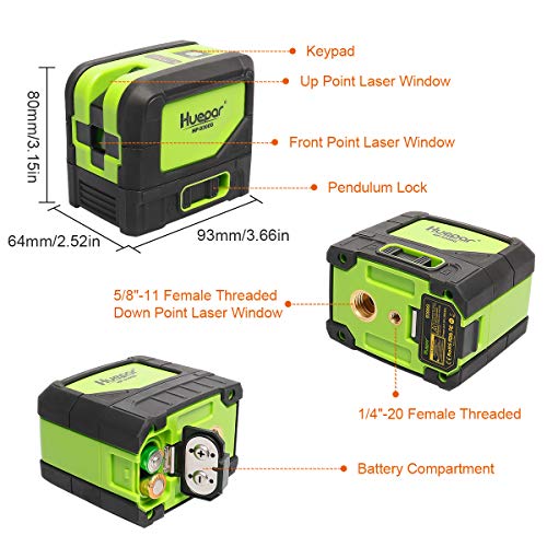 Huepar 3 - Point Laser, Self-leveling Green Beam Laser Level with Plumb Spots for Soldering and Points Reference Positioning, 197ft Working Range, Floor Stand and Magnetic Bracket Included- 9300G