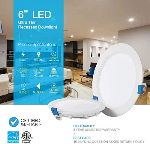 SAATLY 13W 6 inch LED Recessed Lighting, Ultra Thin Ceiling Downlight with Junction Box, 5000K Daylight Dimmable, 850lm 110W Eqv. ETL Certified, Pack of 12