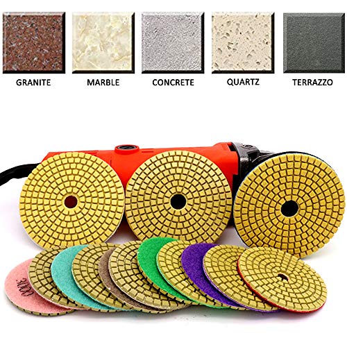 ADVcer 13pcs Diamond Polishing Pads, 4 inch Polish Pad 50 - 8000 Grit Wet Stone Polishing Kit with M10 Hook & Loop Backing Holder Disc for Granite Concrete Marble Quartz Countertop Tile Floor Polisher