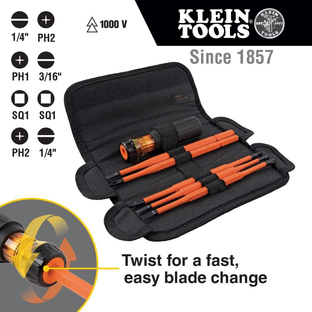 Klein Tools 32288 Insulated Screwdriver, 8-in-1 Screwdriver Set with Interchangeable Blades, 3 Phillips, 3 Slotted and 2 Square Tips