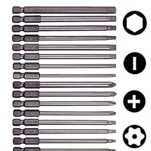 Rocaris 16 Pack 1/4 Inch Hex Shank Long Magnetic Screwdriver Bits Set 4 in Power Tools(Slotted+Cross+Hex+Plum blossom)