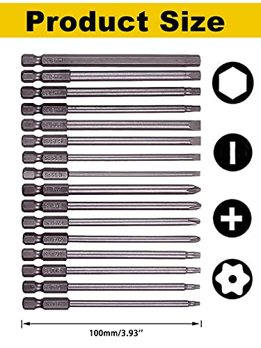 Rocaris 16 Pack 1/4 Inch Hex Shank Long Magnetic Screwdriver Bits Set 4 in Power Tools(Slotted+Cross+Hex+Plum blossom)