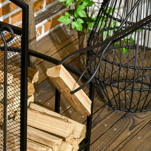 HOMCOM Firewood Rack with Fireplace Tools, Indoor Outdoor Firewood Holder for Fireplace, Wood Stove, Hearth or Fire Pit, Wood Storage Log Rack Includes Poker, Tongs, Broom, Shovel, Black